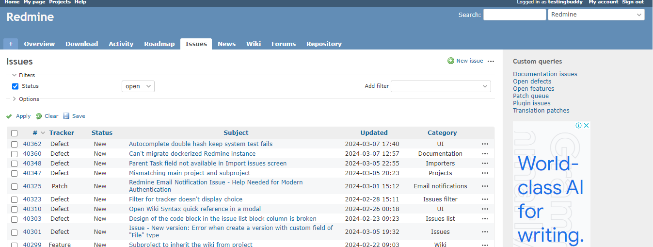 Defect 40377 Bug Filter Option Is Not Working Properly Redmine